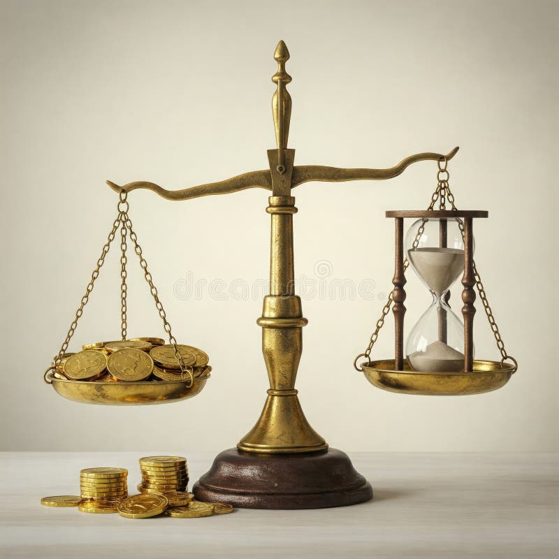 Scales with an Hourglass and Coins Symbolize Time and Money. Space for ...
