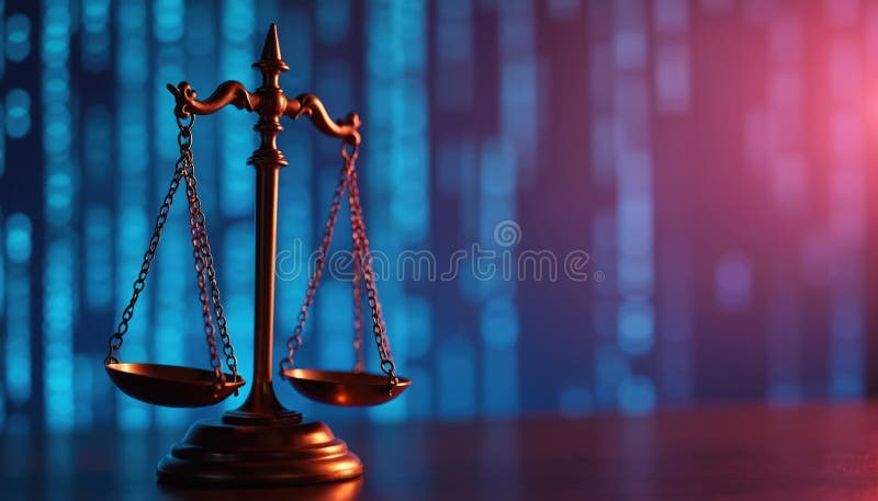 Scales Justice Against Digital Code Backdrop. Legal Concept, Balance between Data and Law, Cyber ...