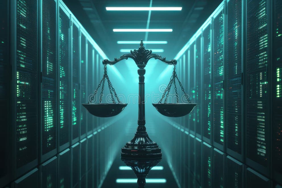 Scales of Justice Balancing Inside Server Room Representing Cyber Law ...