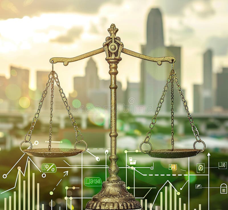 Scales of Justice with City Skyline Background Stock Illustration ...
