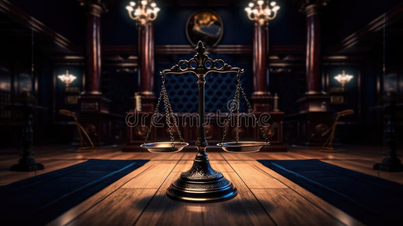 Scales of Justice in the Dark Court Hall. Generative AI Stock ...