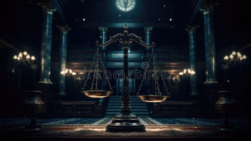 Scales of Justice in the Dark Court Hall. Generative AI Stock ...