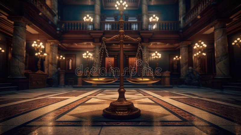 Scales of Justice in the Dark Court Hall. Generative AI Stock ...