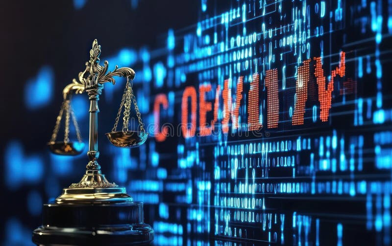 Scales of Justice with Digital Binary Code and Blue Light, Legal ...