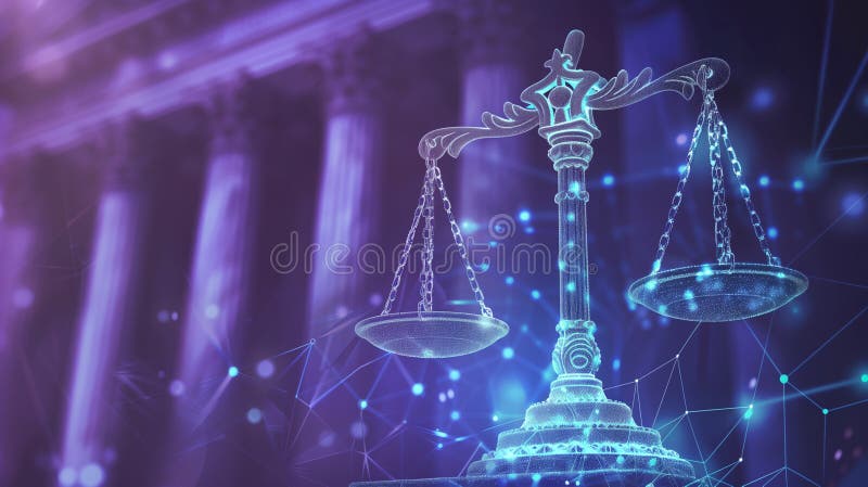 Scales of Justice in Front of Court Building, Holographic Wireframe ...