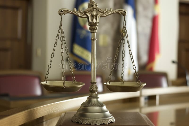 Scales of Justice in Front of Courtroom Flags Stock Photo - Image of ...