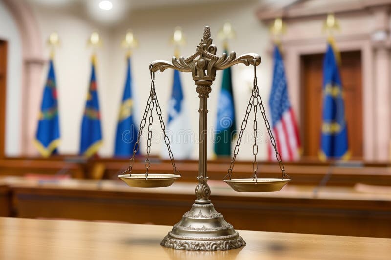Scales of Justice in Front of Courtroom Flags Stock Photo - Image of ...