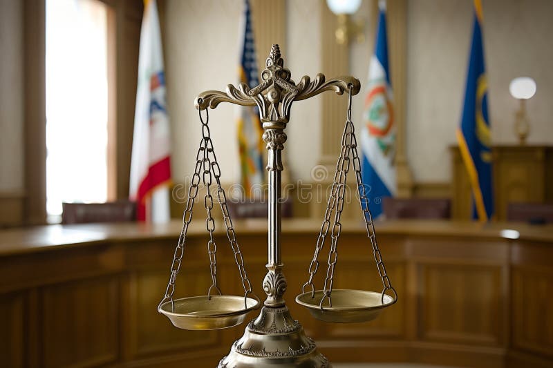 Scales of Justice in Front of Courtroom Flags Stock Photo - Image of ...