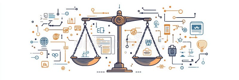 The Scales of Justice are Illustrated Alongside Various Digital Icons ...