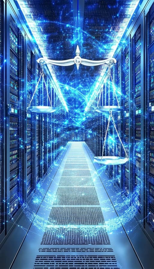 Scales of Justice Inside Server Room, Cybersecurity Law, Digital Rights ...