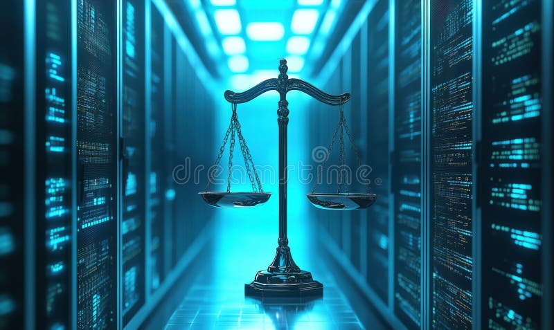Scales of Justice Symbolizing Law and Order in a High-tech Data Center ...