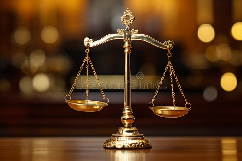 Scales of Justice on Table in Courtroom. Law and Justice Concept Stock ...