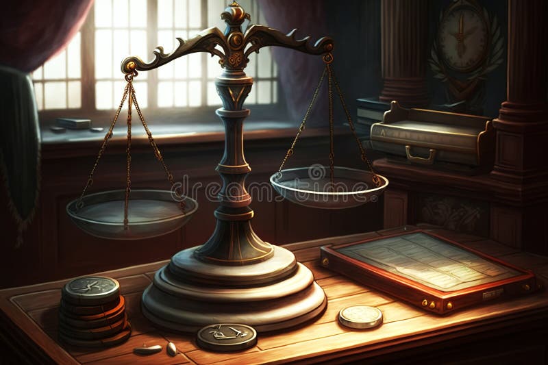 Scales of Justice on a Table with Lighting. Generative AI. Stock ...