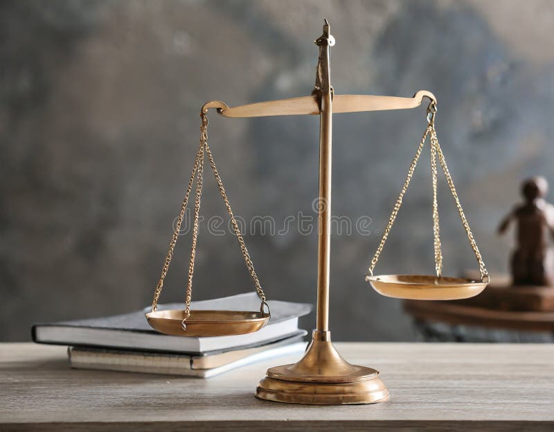Scales of justice on table stock illustration. Illustration of judgment ...