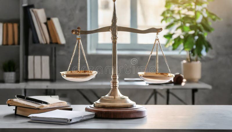 Scales of justice on table stock illustration. Illustration of judicial ...