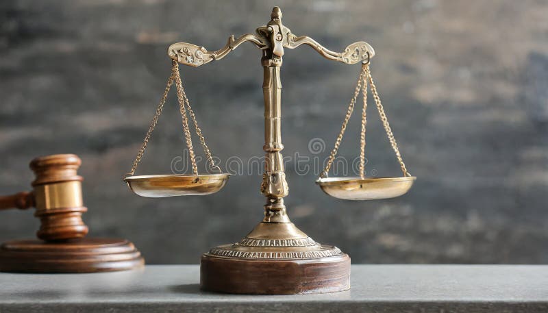 Scales of justice on table stock illustration. Illustration of guilt ...