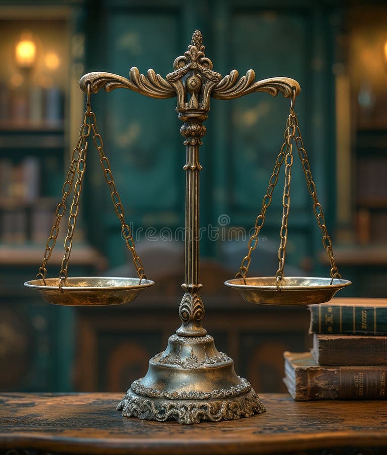 Scales of Justice on Wooden Desk Law Library Concept Stock Photo ...
