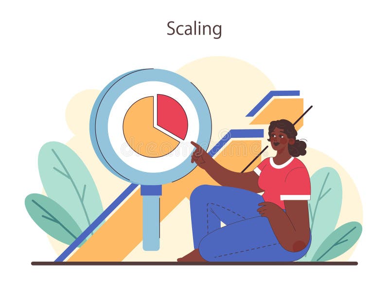 Scaling Concept. Woman Analyzes Pie Chart Growth, Business Performance ...