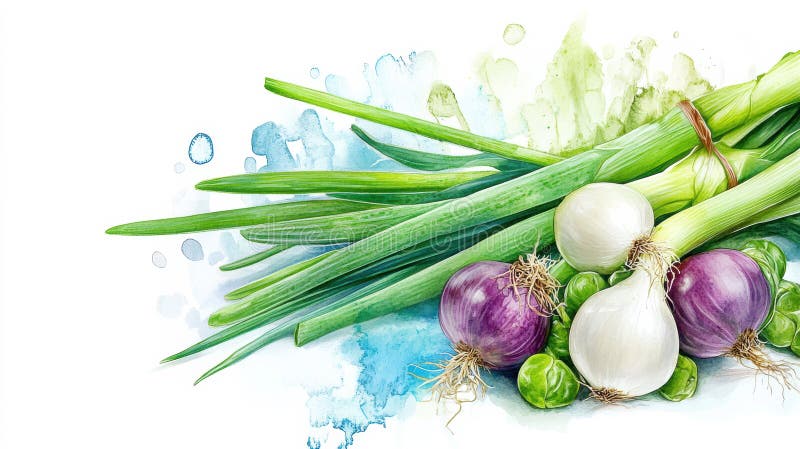 Scallion Watercolor Painting Isolated on White Background Stock ...