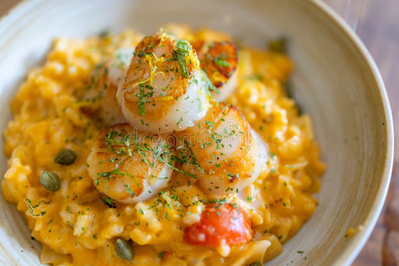 Scallop risotto dish stock photo. Image of eatery, cheese - 258872966