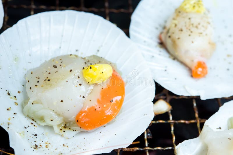 Scallop Seashell on the Grill with Flames Closeup Stock Photo - Image ...