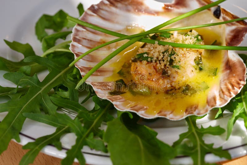 Scallop in Shell on Plate. Selective Focus Stock Photo - Image of meal ...