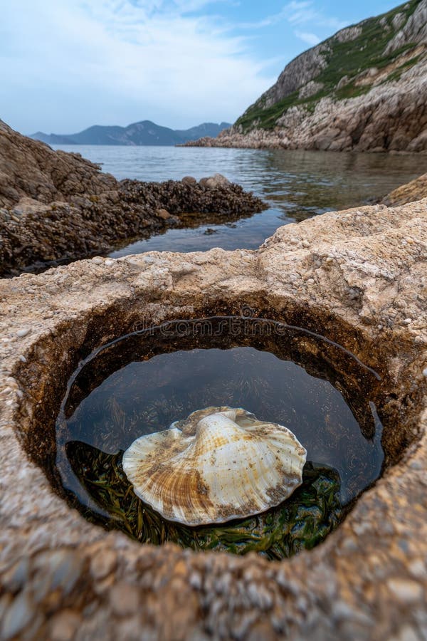 Scallop Shell Rests in a Tidal Pool on Rocky Coast. Stock Illustration ...