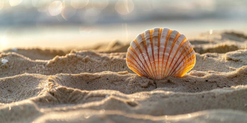 Scallop Shell on the Sand Beach, Bokeh Background. Stock Illustration ...