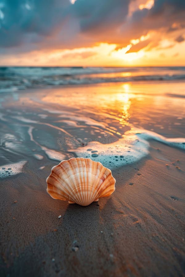 Scallop Shell on the Sand Beach at Sunset Stock Illustration ...