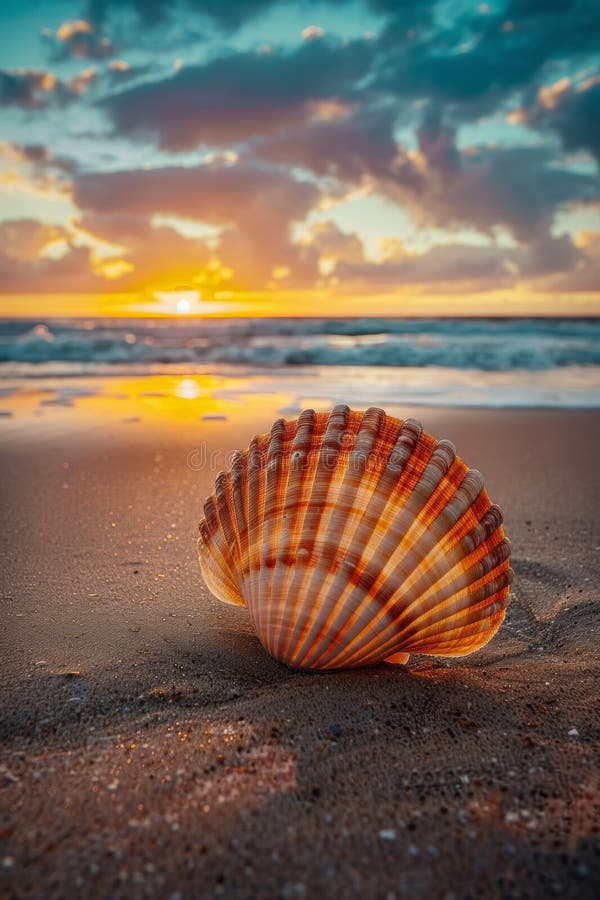 Scallop Shell on the Sand Beach at Sunset Stock Illustration ...