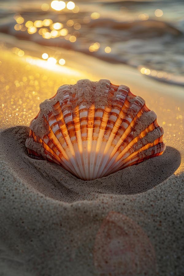 Scallop Shell on the Sand Beach at Sunset Stock Illustration ...