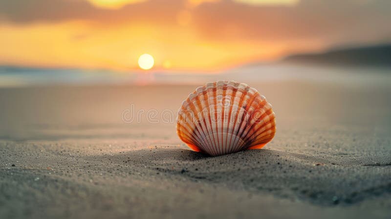 Scallop Shell on the Sand Beach at Sunset Stock Illustration ...