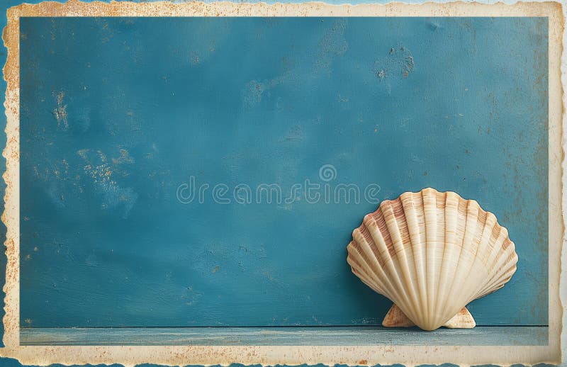 Scallop Shell in Vintage Polaroid Frame with Rustic Blue Background ...