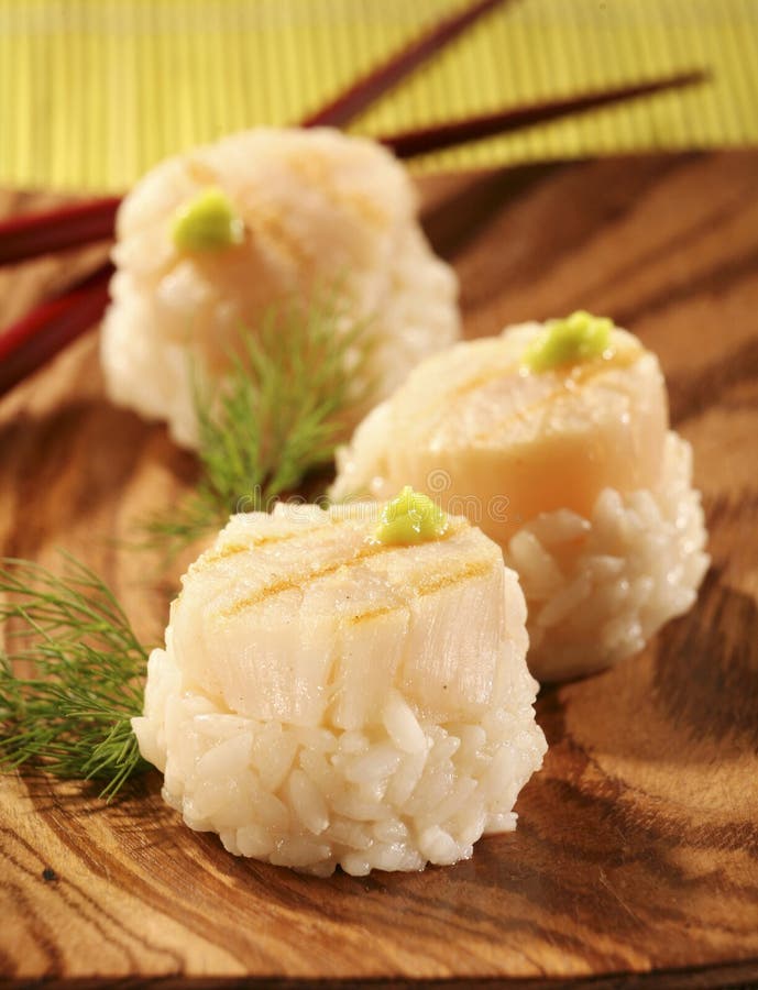 Scallop sushis stock image. Image of main, walnut, scallop - 23704805