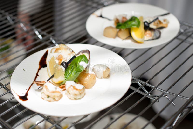 Scallops, Creatively Arranged Food on a White Restaurant Plate. Stock ...