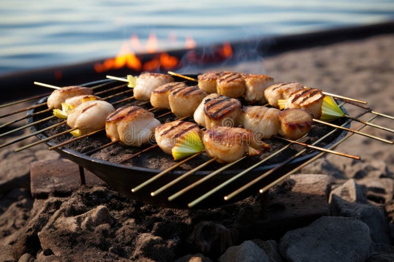 Scallops Grilling on a Portable Beach Bbq Setup Stock Illustration ...