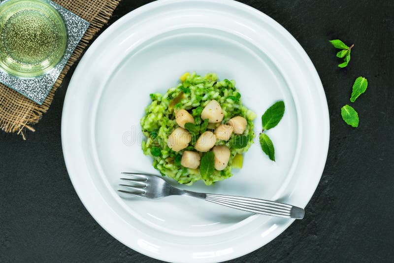Scallops on Minted Pea Risotto - Top View Stock Photo - Image of ...