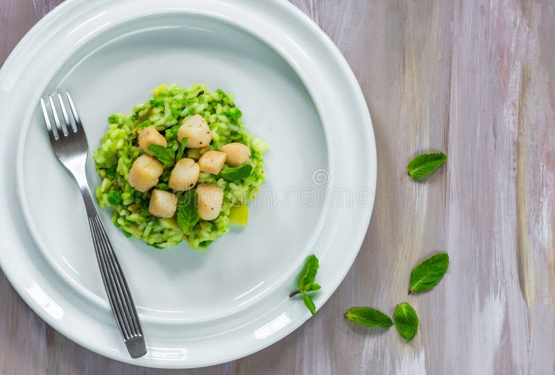 Scallops on Minted Pea Risotto - Top View Stock Image - Image of cooked ...