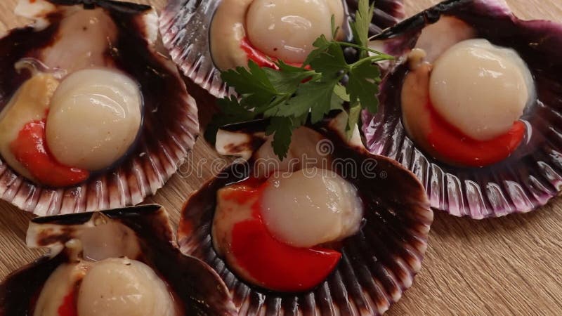 Scallops Raw in Their Shell Stock Footage - Video of scallop, menu ...
