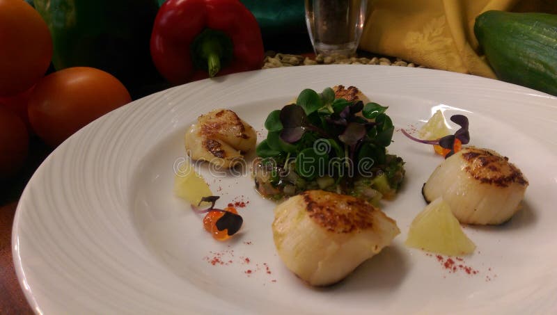 Hot Starter of Scallops with Asparagus and Mushrooms Stock Image ...