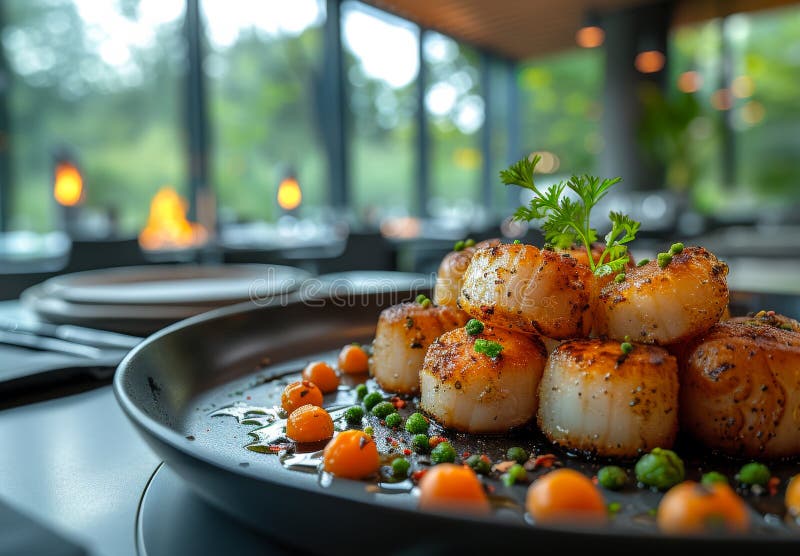 Scallops and Vegetables on Plate. Modern Restaurant in the City Center ...