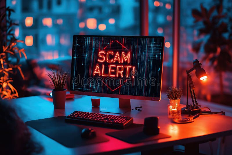 Scam Alert Notification Displayed on a Computer in a Dimly Lit Modern ...