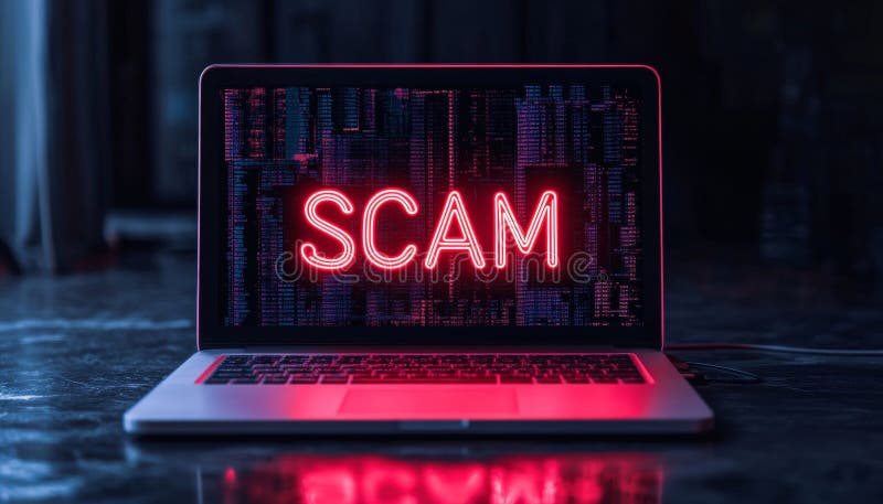 Scam Alert Warning Neon SCAM Text on Laptop Screen in Dark Room, Data ...