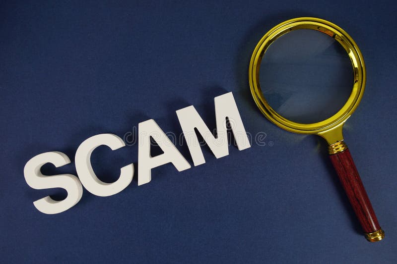 Scam Letters with Magnifying Glass Flat Lay on Blue Background Stock ...