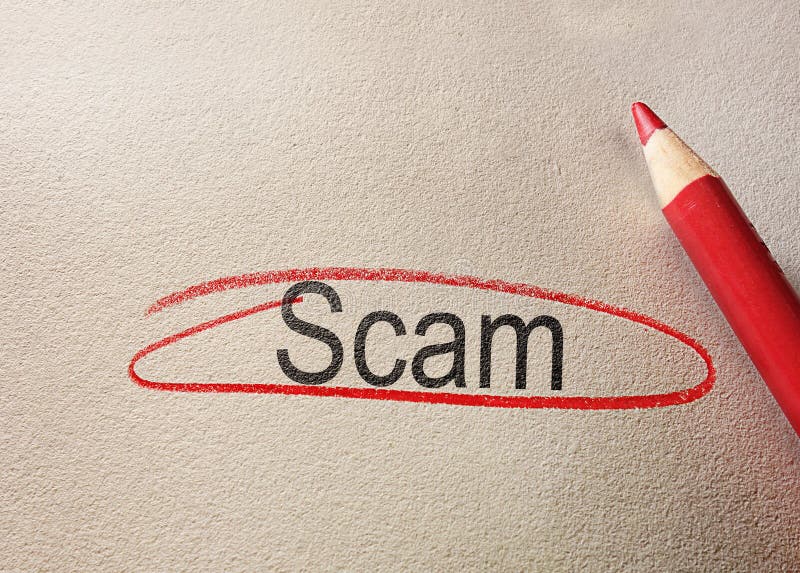 Scam Text Circled in Red Pencil on Textured Paper Stock Image - Image ...