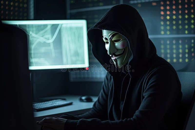 Scammer In Front Of A Computer In Anonymous Mask Hacker Generative Ai 4678