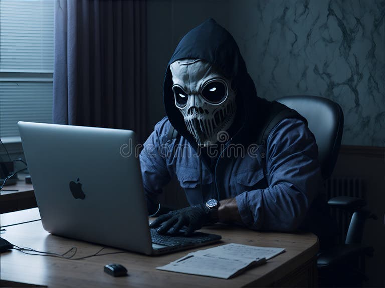 A Scammer in a Mask Sits in Front of a Laptop. Stock Illustration ...
