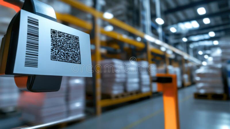 Scan Label with Qr Code in Large Warehouse for Automation and Distribution Stock Illustration ...