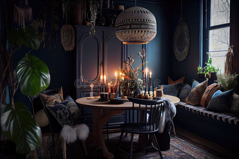 Scandi-boho Dining Room, with Moody Lighting and Eclectic Decor Stock ...
