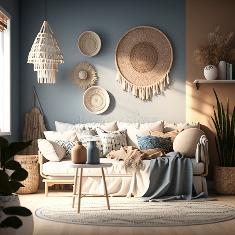 Scandi-Boho Living Room Interior with Wall Mock Up As Background ...